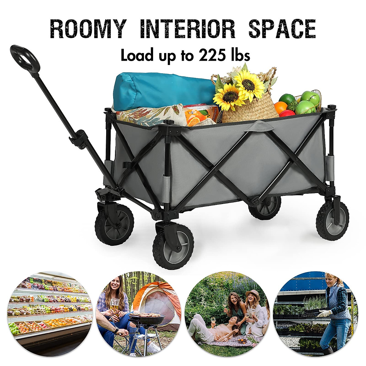 PORTAL Collapsible Wagon Cart, Heavy Duty Foldable Wagon Carts with Wheels, Folding Utility Wagon for Camping, Shopping, Garden, Sports, Apartment, Outdoor, Beach