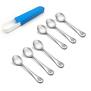 TeamFar Toddler Spoons, Stainless Steel Toddler Kids Spoon Set Silverware, Non Toxic & Healthy, Cute Animals & Attached Travel Case - 6 Pieces