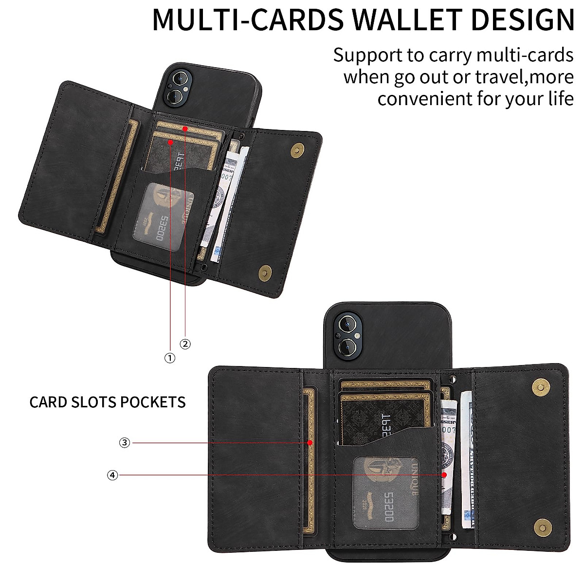 Phone Case For OnePlus Nord N20 5G Wallet Cover with Crossbody Shoulder Strap and Leather Credit Card Holder Pocket Slim Cell Accessories One Plus N 20 G5 1 Plus 20N 1plus One+ 1+ N205G Girls Black