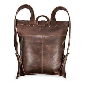 Hide & Drink, Roll Top Backpack Handmade From Full Grain Leather and Plaid Cotton - Vintage Style Rucksack - With Adjustable Shoulder Straps - Bourbon Brown