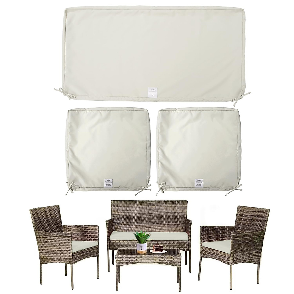 ClawsCover 3Pack Outdoor Seat Cushions Replacement Covers Fit for 4 Pieces Wicker Rattan Patio Furniture Conversation Set Chair Loveseat,36x18x2,18x18x2,Cream-Small (Include Cover Only)