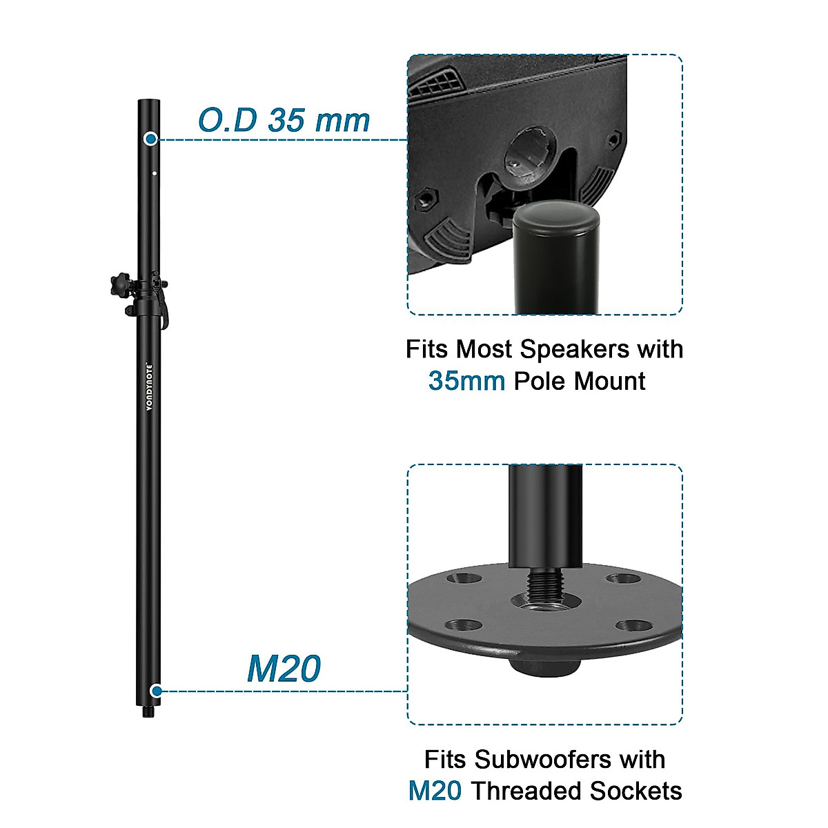 Vondynote Speaker Pole for Subwoofer Height Adjustable Fits M20 Threaded Mount and 35mm Mount Speaker Extender