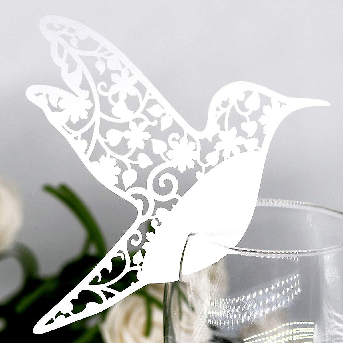 GOTOTOP 50Pcs Bird Shape Wedding Hollow Cup Card Name Place Cards Personalized Table Name Reception Decor Wedding Guest Cards for Wine Glass Banquets Table Decoration White