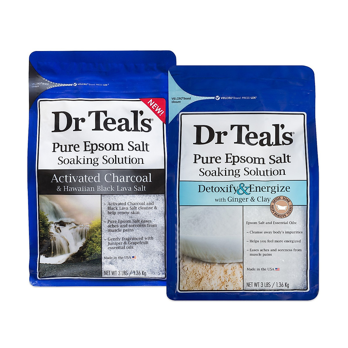 Dr Teal's Epsom Salt Magnesium Soaks, Detoxify & Energize and Activated Charcoal, 2 Count - 6lbs Total