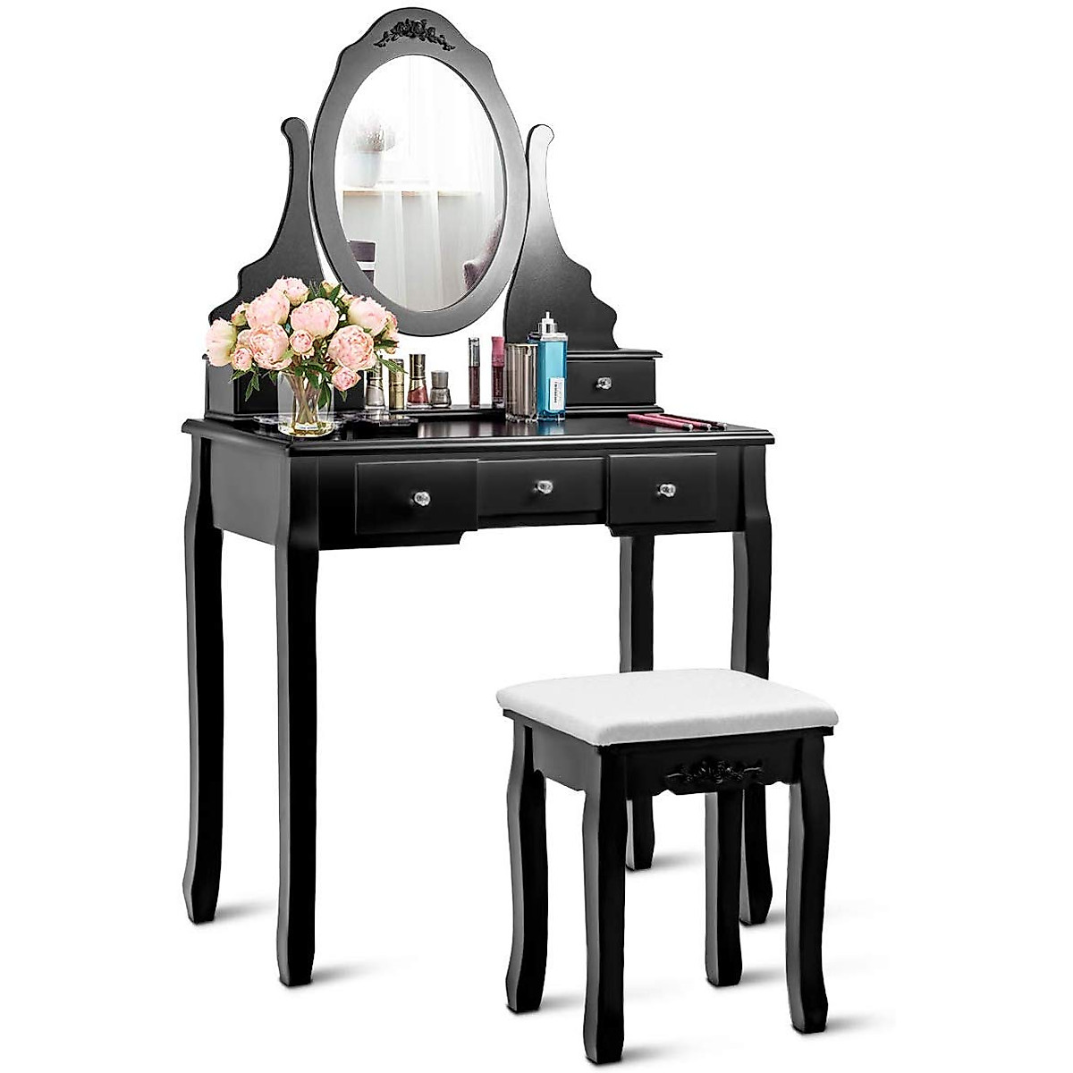 Vanity Table Set, Wooden Dressing Table with Oval 360° Rotating Mirror, 5 Storage Drawers, Painted Finish, Vanity Makeup Table with Padded Stool Seat, Detachable Table Top, Easy to Assemble (Black)