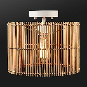 Globe Electric 65901 1-Light Flush Mount Ceiling Light, Matte White, Natural Bamboo Shade, Bulb Not Included