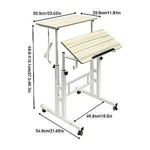 LOHISHILO Mobile Stand Up Desk Adjustable Laptop Desk with Wheels Storage Rolling Table Cart for Standing or Sitting, for Home Office Workstation, Oak, 27.5-45.3in
