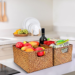 YIFANZHIBIAN Large Seagrass Storage Baskets Bin for Organizing, Rectangular Wicker Baskets with Built-in Handles Handwoven Storage Basket Boxes for Home Organization, 3-pack