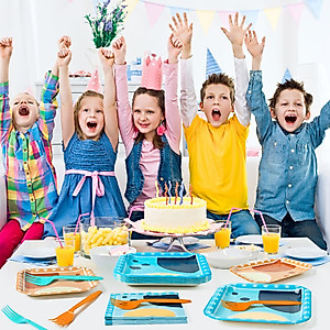 BOpusail 96Pcs Cartoon Blue and Orange Dot Party Tableware Set Disposable Dinnerware Paper Dessert Dinner Plates Napkins Plastic Forks Party Supplies for Kids Birthday Baby Shower Serves 24 Guests