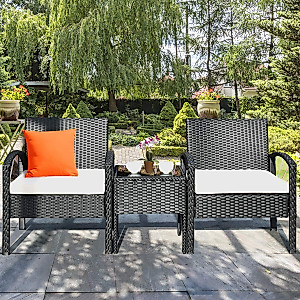 Tangkula 3 Piece Patio Conversation Set, Outdoor Rattan Sofa Set with White Seat Cushions & Coffee Table, Patio Wicker Furniture Set for Garden Balcony Backyard Poolside (Black)