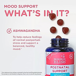 Mommy's Bliss Lift My Mood Postnatal Support Ashwagandha, May Reduce Stress & Support a Balanced Healthy Mood, Vegan, Delicious Rasberry Flavor, 60 Gummies (30 Servings)