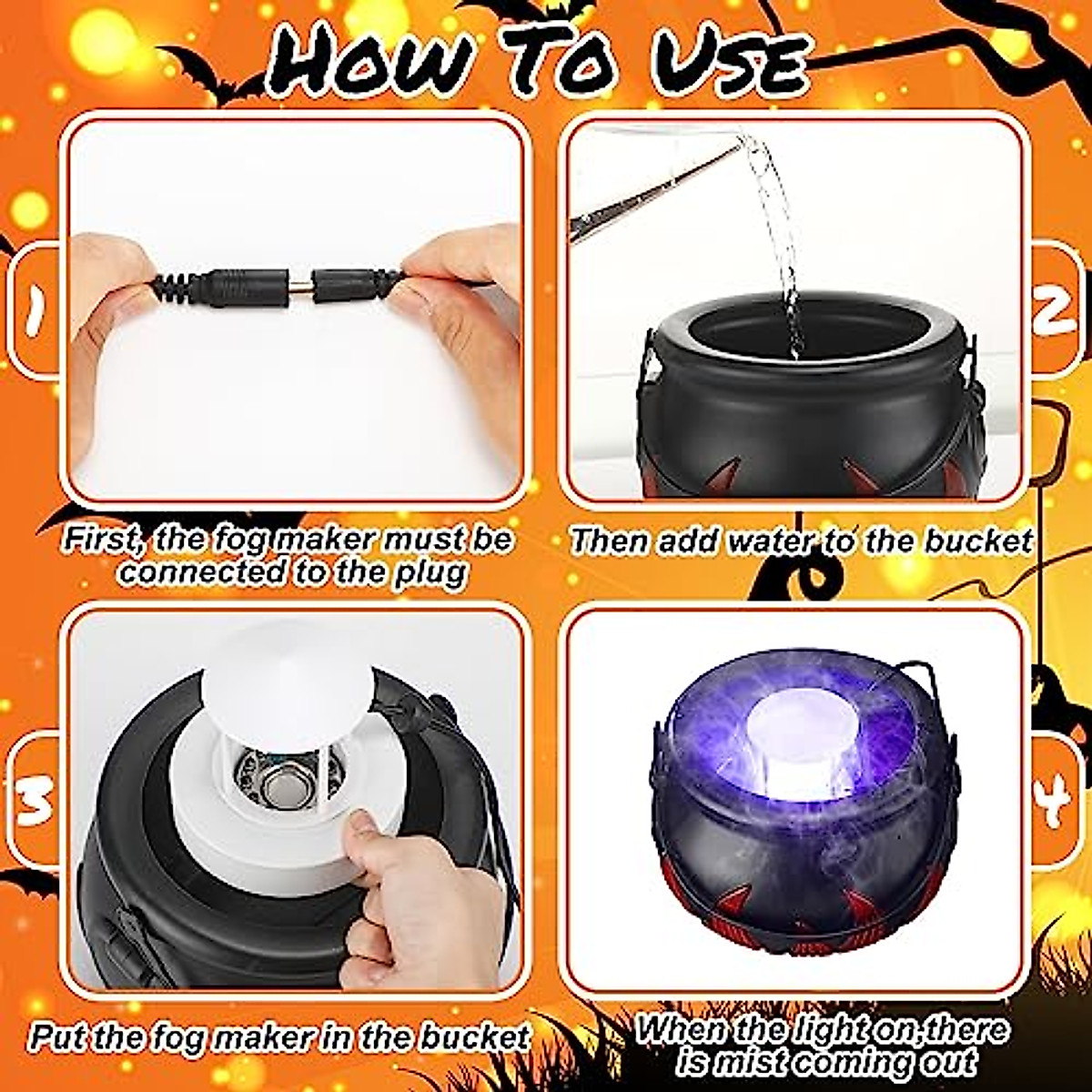 Halloween Cauldron Mister 12 LED Fogger Mist Maker Witches Cauldron Witch Jar Atomizer Lamp Punch Bowl Candy Fire Flame Bucket Fogger Misting Cauldron Halloween Home Outdoor Party Decorations