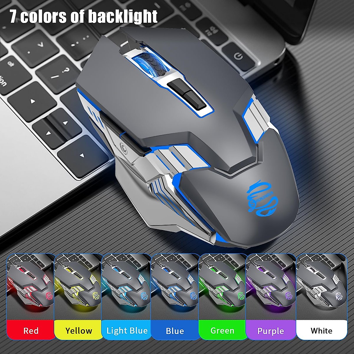 SHUNJINRUN Bluetooth Mouse, Rechargeable Wireless Mouse with 7 Buttons, RGB, 3 Modes, Ergonomic Computer Mouse for Laptop, Mac, PC, Chromebook, iPad, Tablet etc. - Gray