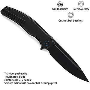 Miguron Knives M Velona Folding Knife,4.03" Black PVD 14C28N Blade Black G10 Handle With Titanium Pocket Clip,Camping Hiking Pocket Knife MGR-803BKII