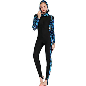 Akaeys Full Body Swim Dive Skin Suit Hooded One Piece Rash Guard for Women Blue