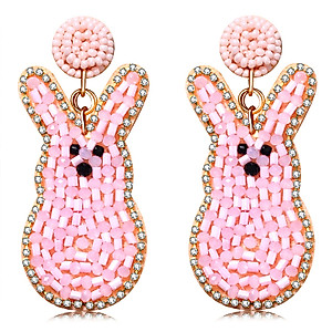 Easter Earrings Beaded Easter Bunny Earrings for Women Handmade Cute Rabbit Drop Dangle Earrings Spring Holiday Jewelry Gifts (Pink)
