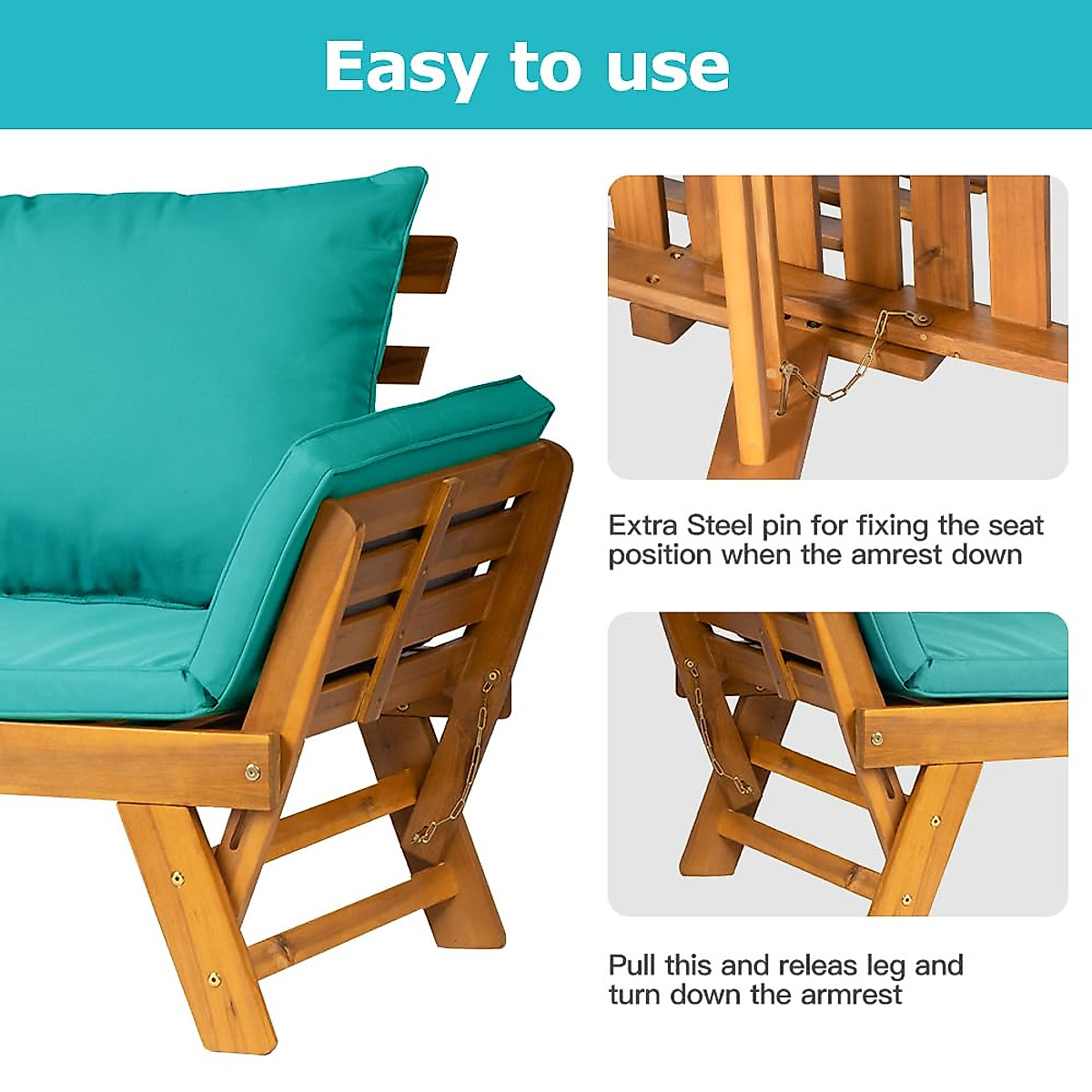 Panana Acacia Wood Convertible Couch Sofa Bed Adjustable Armrest Folding Daybed Collapsible Chaise Lounge w/Cushions Outdoor Loveseat for Garden Patio Poolside Turquoise