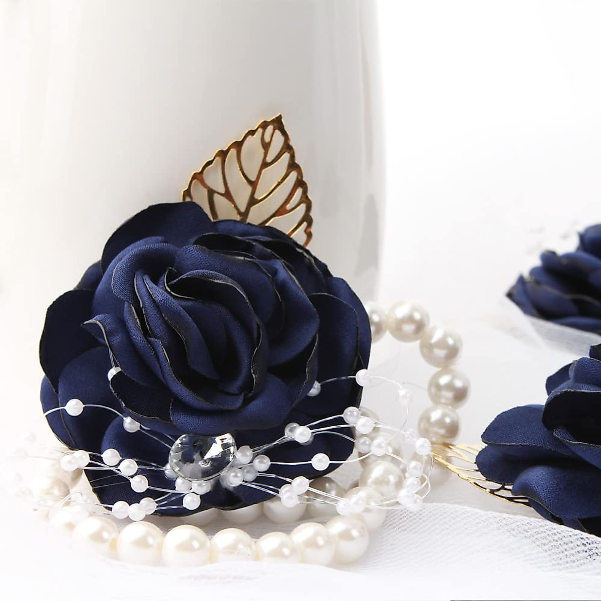 WANLIAN Wrist Corsage Rose Bridesmaid Wedding Flowers Prom Corsage And Boutonniere Set for Wedding Party Prom Groom Bridal (Navy blue)