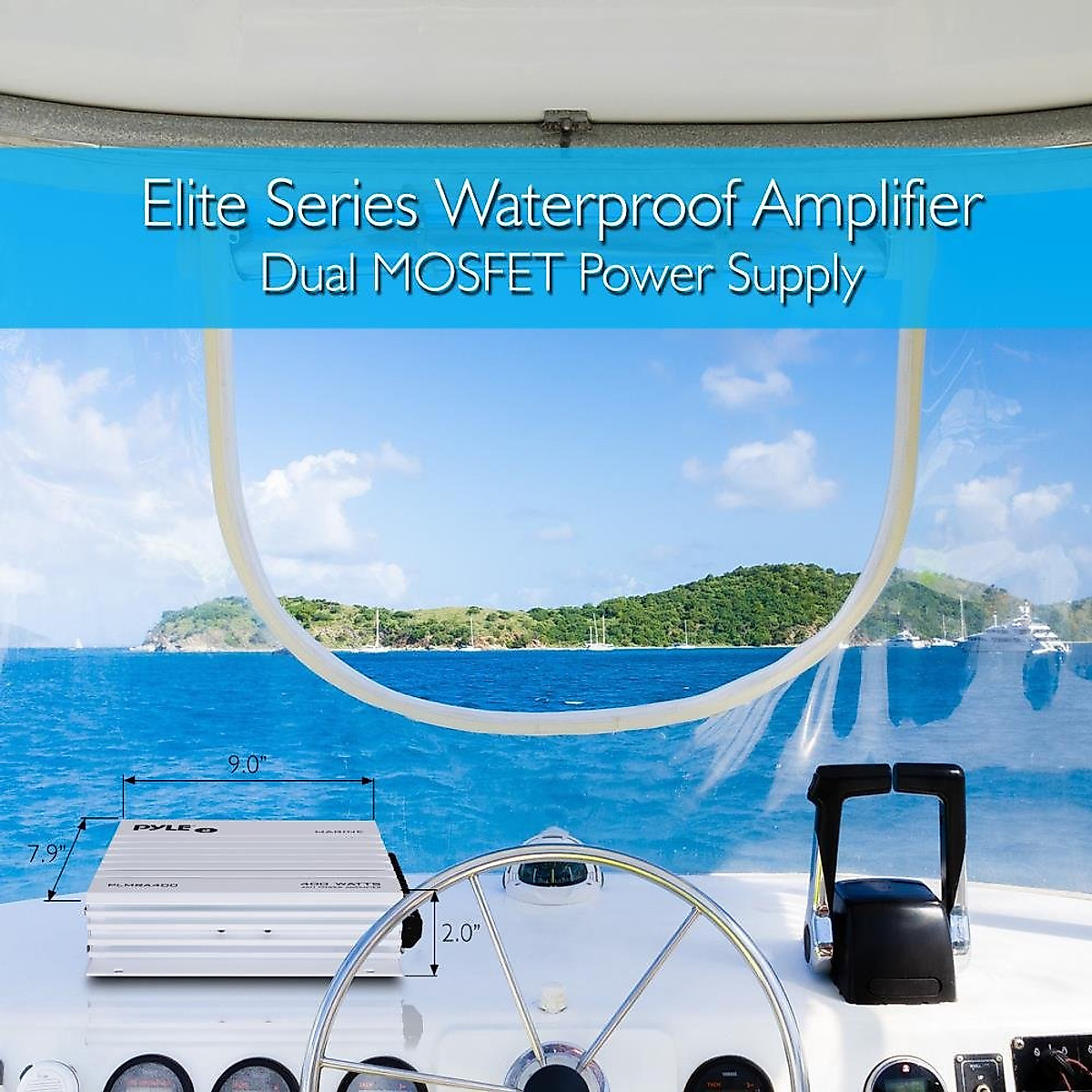 Pyle Hydra Marine Amplifier - Upgraded Elite Series 400 Watt 4 Channel Audio Amplifier - Waterproof, 12 volt, Dual MOSFET Power Supply, GAIN Level Controls, RCA Stereo Input & LED Indicator (PLMRA400)