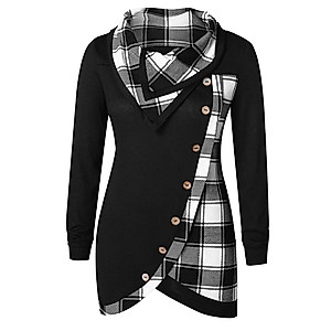 Women's Turtleneck Long Sleeve Asymmetrical Plaid Sweatshirt Pullover Tops Blouse Cowl Neck Patchwork Shirts Black a