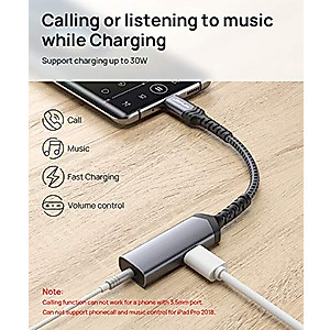 JSAUX USB C to 3.5mm Headphone and Charger Adapter, 2-in-1 USB C to AUX Mic Jack with PD 60W Fast Charging for Stereo, Earphones,Compatible with Galaxy S20/S21/S22 Note 20/10, Pixel 2/3/4 XL,-Grey