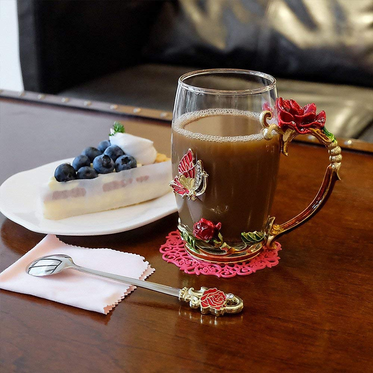 DasyFly Birthday Gifts For Women,Enamel Butterfly Flower Glass Tea Cup Rose Red Coffee Mug,Cute Gifts For Women Mom Wife Grandma Female Friend on Anniversary Christmas Valentines Mothers day