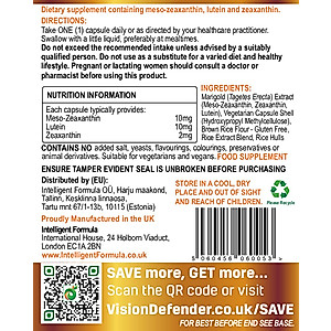 Lutein, Zeaxanthin & Meso-Zeaxanthin Eye Supplement: VISION DEFENDER MAC Vegan/Vegetarian Antioxidant Carotenoids for Eyes (90 Capsules/One-A-Day) Made in UK