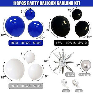 Blue Black and White Balloon Arch Kit, Navy Dark Royal Blue White Black Balloon Garland Kit with Metallic Silver Latex Balloons Explosive Star Foil Balloons for Graduation Gaming Birthday Party Decor