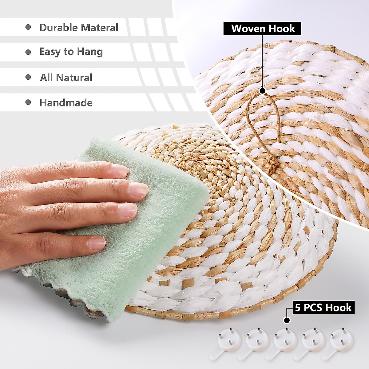 Hanging Woven Wall Basket Boho Decor Set, 4 Unique Handmade Seagrass Rattan Round Baskets Wall Decoration for Home Living Room Bedroom Rustic Coastal Farmhouse - Ready to Hang with Nails Included