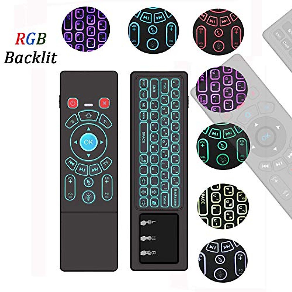 ILEBYGO Air Mouse for Android tv Box, Rechargeable Mini Wireless Keyboard and Air Remote Control Touchpad with RGB Backlit T6 for Android TV Box, PC, Projector, HTPC etc.