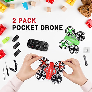 2 Pack Mini Drone for Kids and Beginners - Remote Control Quadcopter with 6 Modular Batteries - Auto Hovering - 3 Speed Modes - Headless Mode - Indoor RC Pocket Plane Gift - Green and Red
