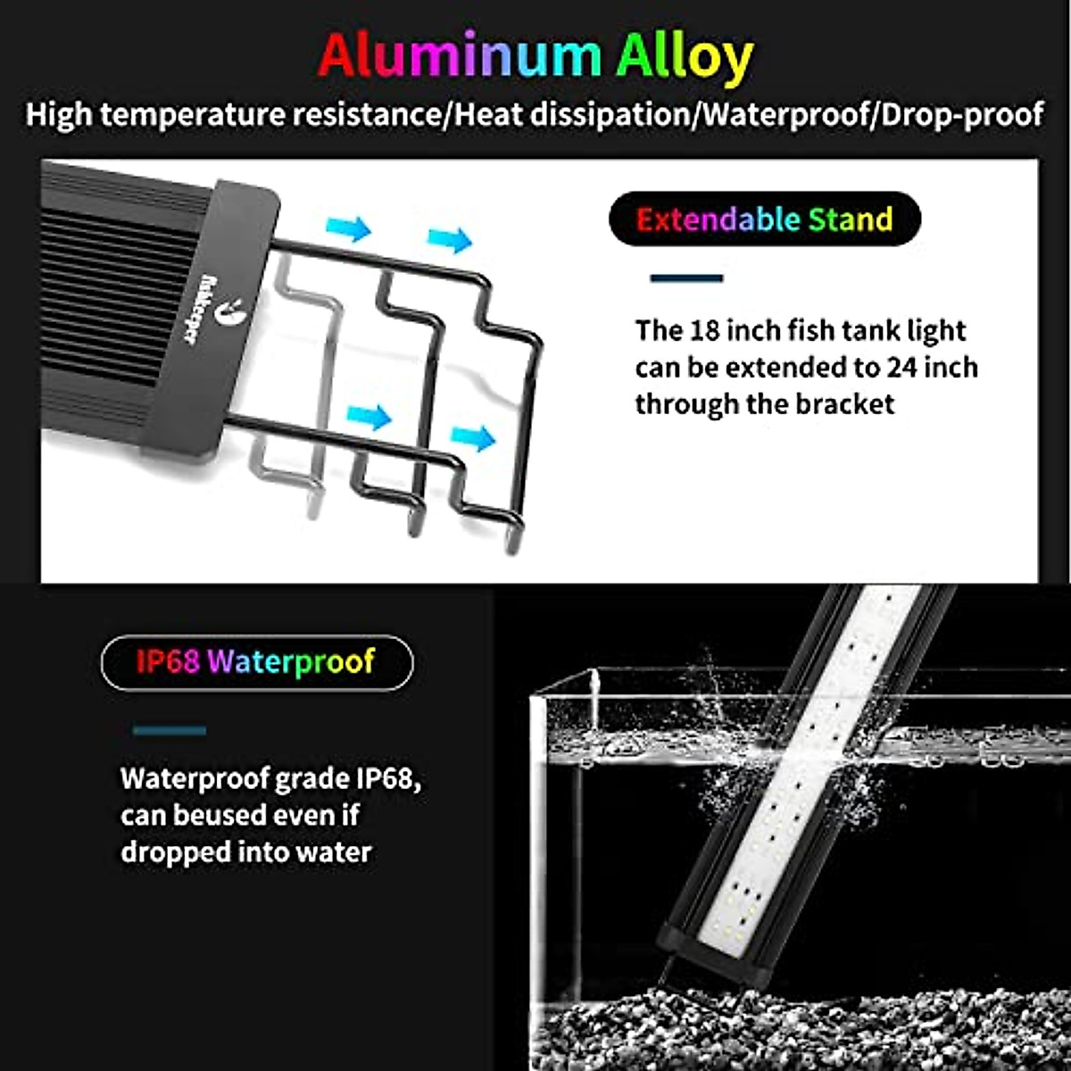 fishkeeper 22W LED Aquarium Light Full Spectrum Planted Fish Tank Light, 10 Levels of Brightness Adjustable 24/7 Mode with Timer Aluminum Alloy Shell Extendable Brackets for 18-24 inch