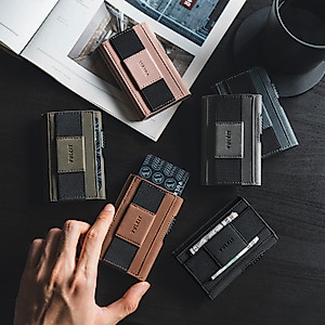 VULKIT Slim Wallet for Men Inner Pop Up RFID Blocking Aluminum Card Holder Leather Minimalist Wallet with Cash Strap and ID Window Black