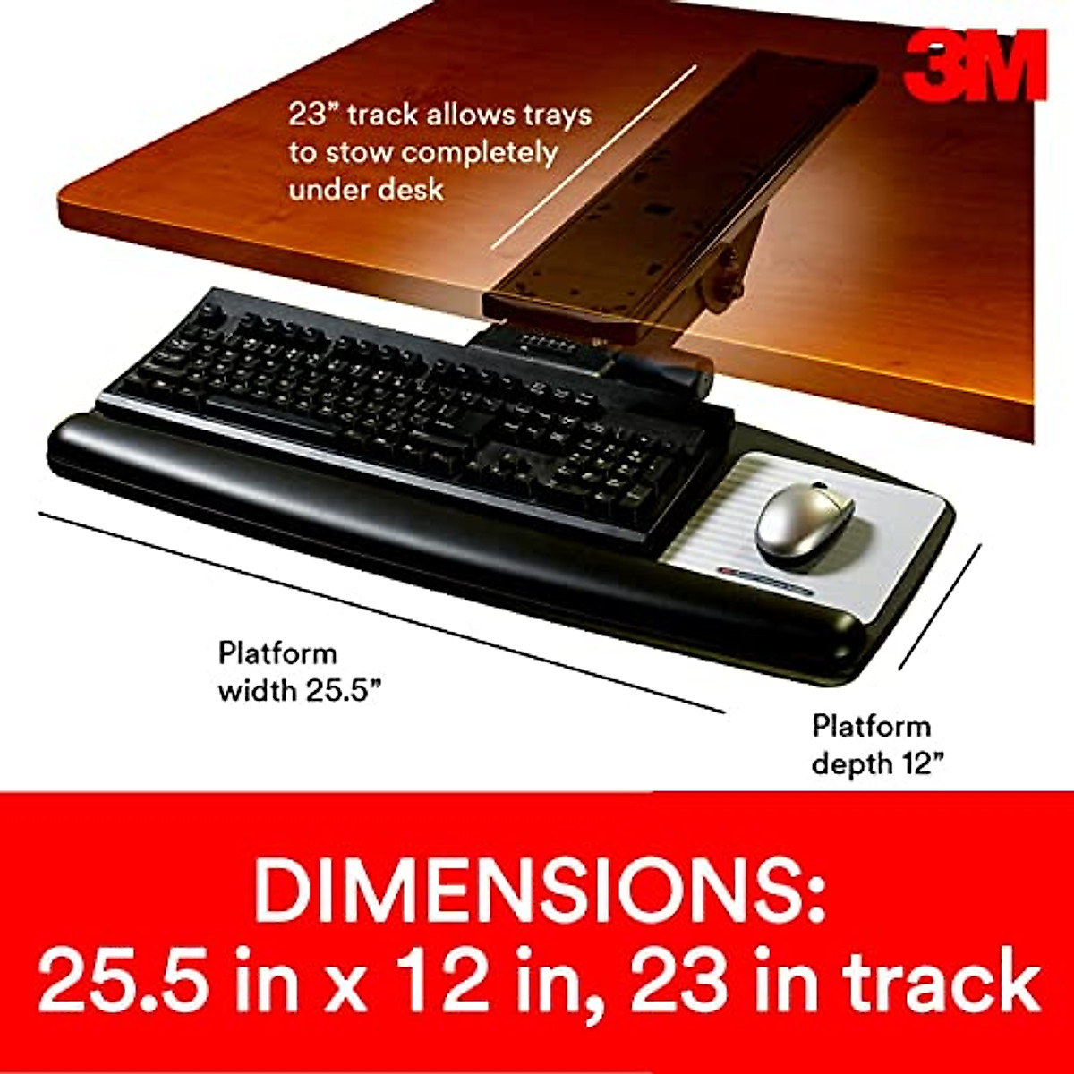 3M Keyboard Tray, Just Lift To Adjust Height And Tilt, Sturdy Tray Includes Gel Wrist Rest And Precise Mouse Pad, Swivels Side To Side And Stores Under Desk, 23" Track, Black (AKT90LE)