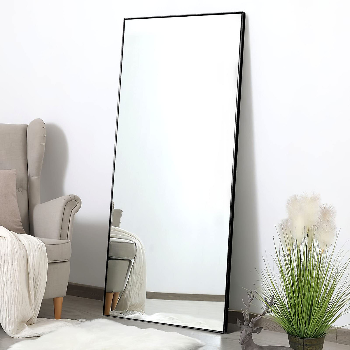 poshions Full Length Mirror 65''×22''Wall Mounted Mirror Free Standing Mirror with a Stand,Full Body Mirror Dressing Mirror with Aluminum Alloy Thin Frame,Black