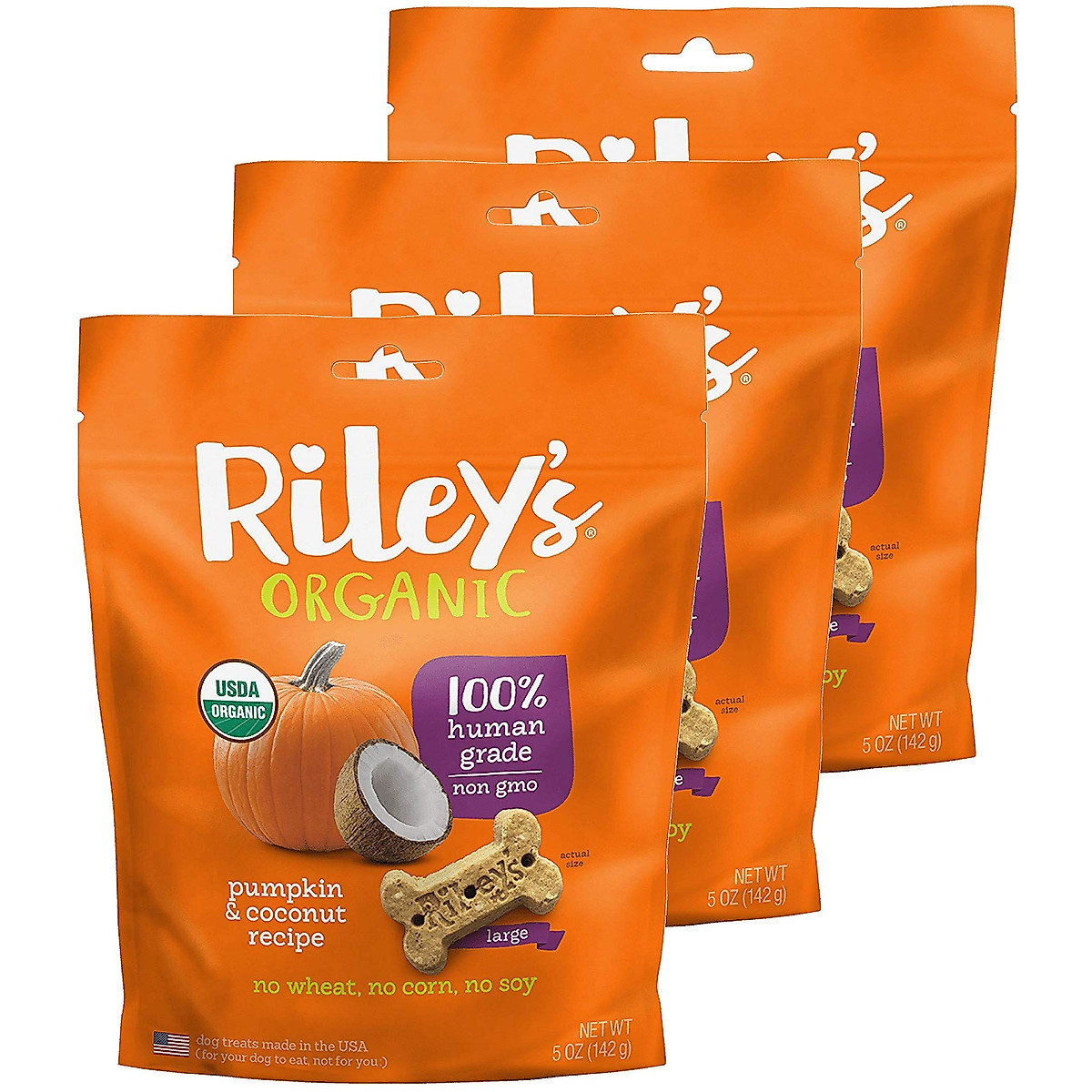 Riley's Organics Pumpkin & Coconut Large Bone Dog Treats 3 Pack 5 oz