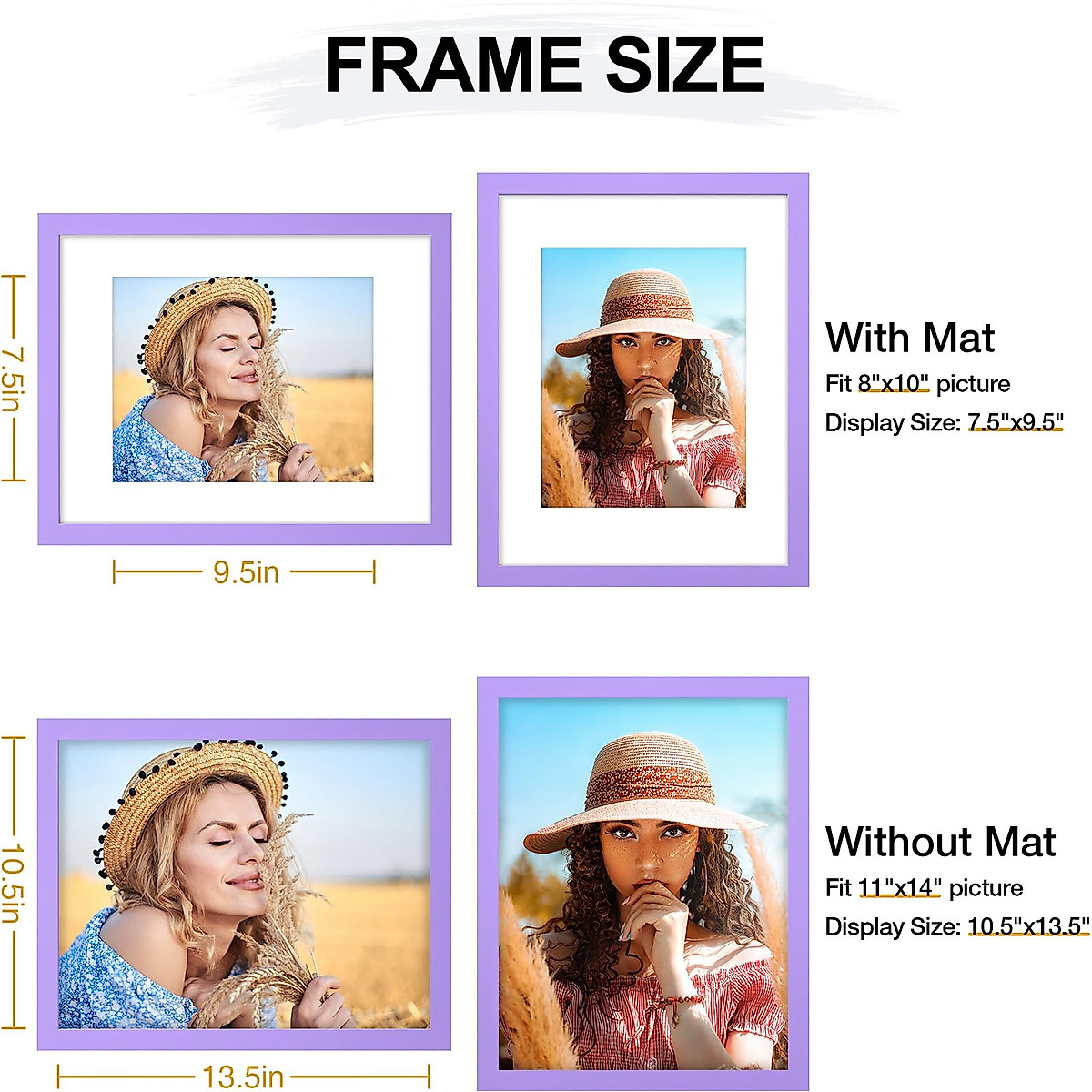 Vittanly Picture Frame, Engineered Wood, 11x14 inch, Purple, Single, with Shatter Resistant Plexiglass, Mat for 8x10 or 11x14 Photo, Wall & Tabletop Display