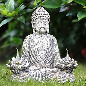 Buddha Statue Zen Sculpture 11.4in Large Size,Yoga Garden Decor with LED Solar Lotus Lights, Sitting Meditating Buddha Serene Resin Figurine for Patio Yard Lawn Ornaments, Backyard,Inside or Outside…
