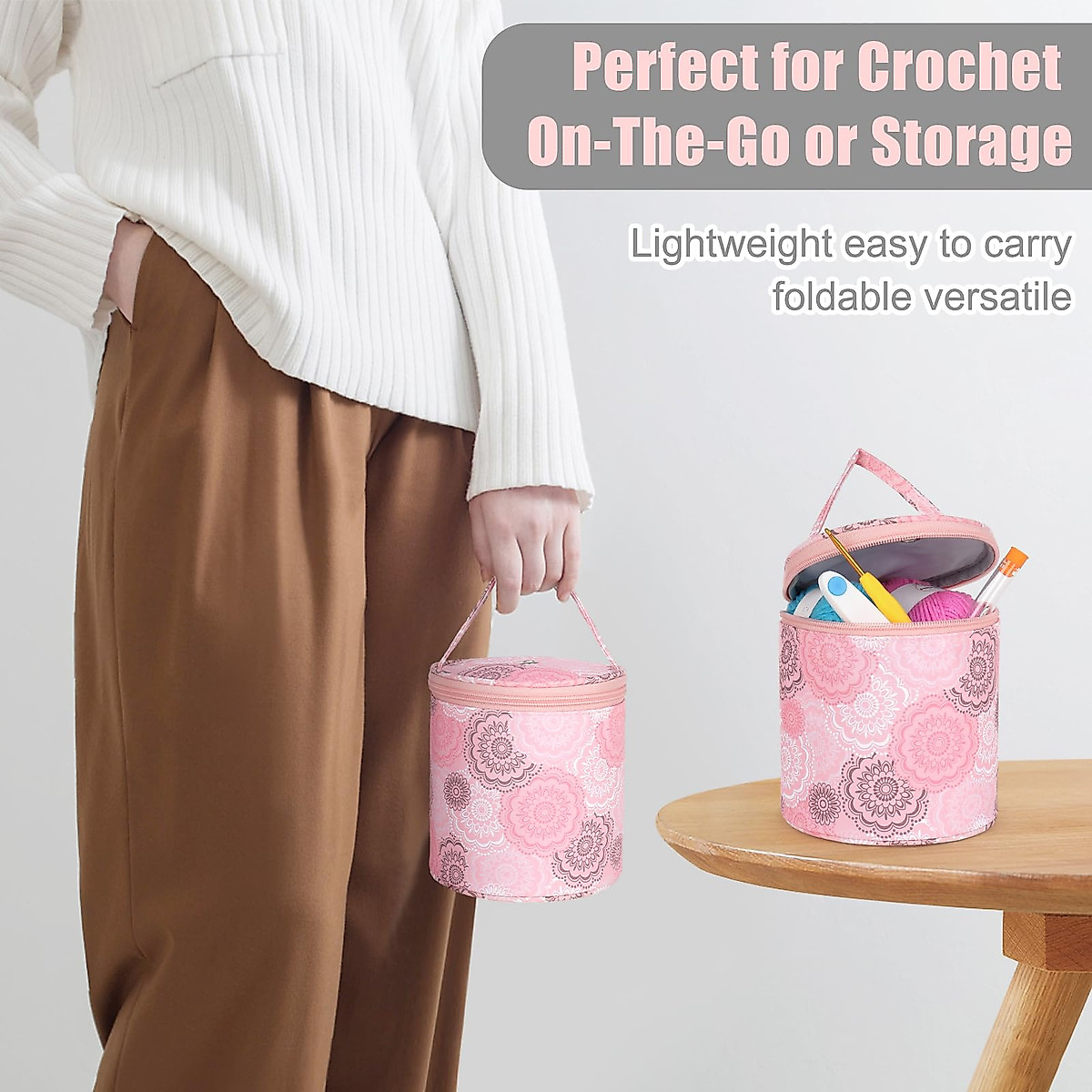 Katech Mini Yarn Storage Bags, Portable Yarn Bag for Crocheting with Holes Organizer Crochet Thread Sewing Accessories Storage Tote Bag for Carry Crochet Hooks Skein Yarn (Pink Floral)