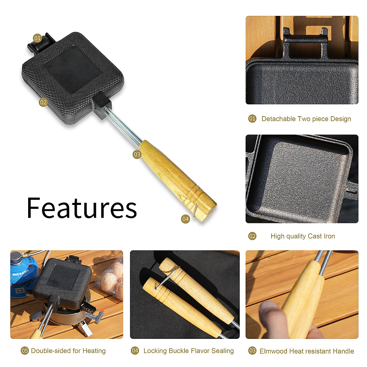 CretFine Cast Iron Pie Maker Breakfast Sandwich Maker Panini Grill Press for Stovetop Camping Handheld Pudgy Hobo Pie Toastie