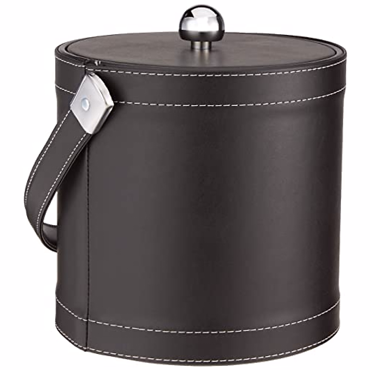 Kraftware Ice Bucket with Stitched Handle, Fabric Lid and Chrome Astro Ball Knob, Black - 3 Quart