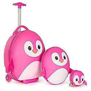 Boppi Tiny Trekker Kids Luggage Travel Suitcase Carry On Cabin Bag Holiday Pull Along Trolley Lighweight Wheeled Holdall 17 Litre Hand Case - Pink Penguin