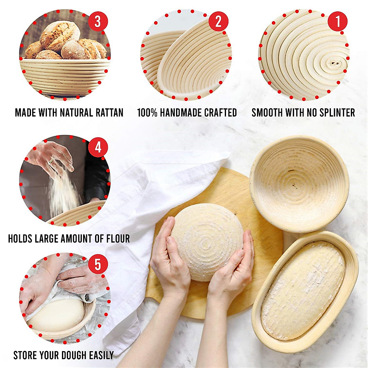 Nestled Niche Bread Proofing Basket, Tools and Accessories with Bread Bowls for Rising and Baking, Cane Wicker Banneton and Round Bread Scraper