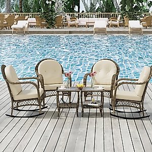 BALDPER 6 Pieces Patio Conversation Set, Lounge Rocking Chair with Cushion & Coffee Table, Wicker Bistro Set, Outdoor Furniture Set for Porch, Deck, Backyard, or Poolside, Beige