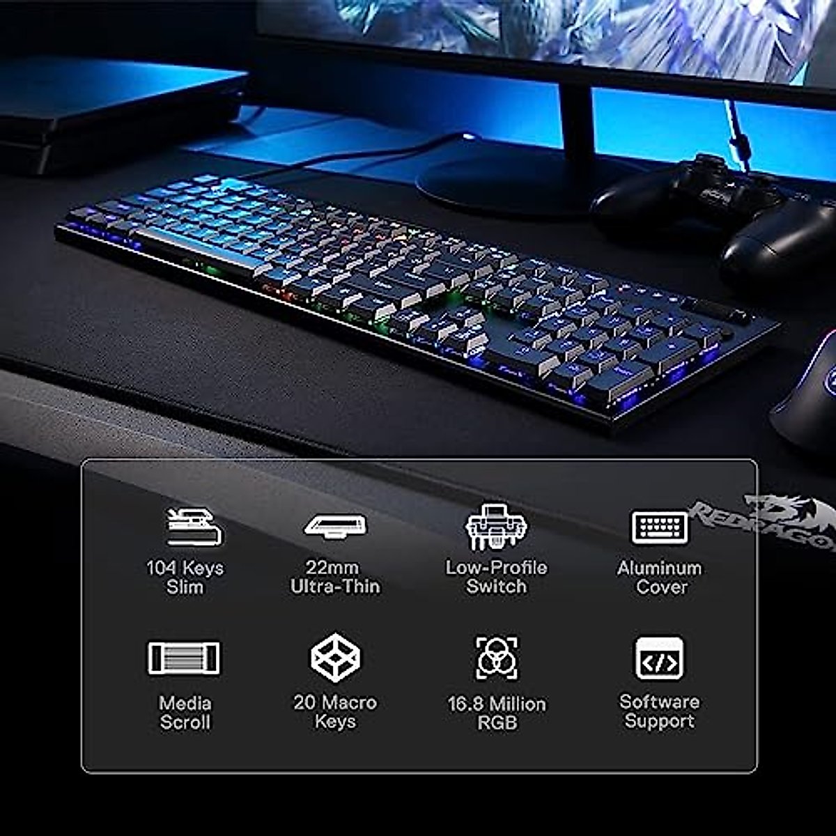 Redragon K619 Horus RGB Mechanical Keyboard, Ultra-Thin Designed Wired Gaming Keyboard w/Low Profile Keycaps, Dedicated Media Control & Tactile Brown Switches, Pro Software Supported