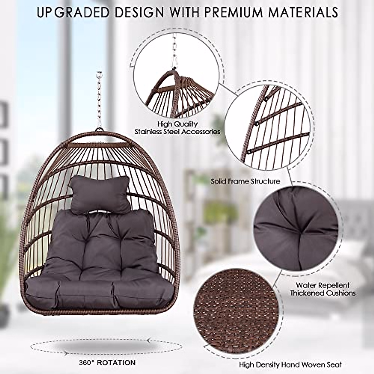 Garden Wicker Hanging Egg Chair with Seat Cushion and Pillow, Rattan Hammock Chair Ideal for Bedroom Patio Porch Lounge (Brown)