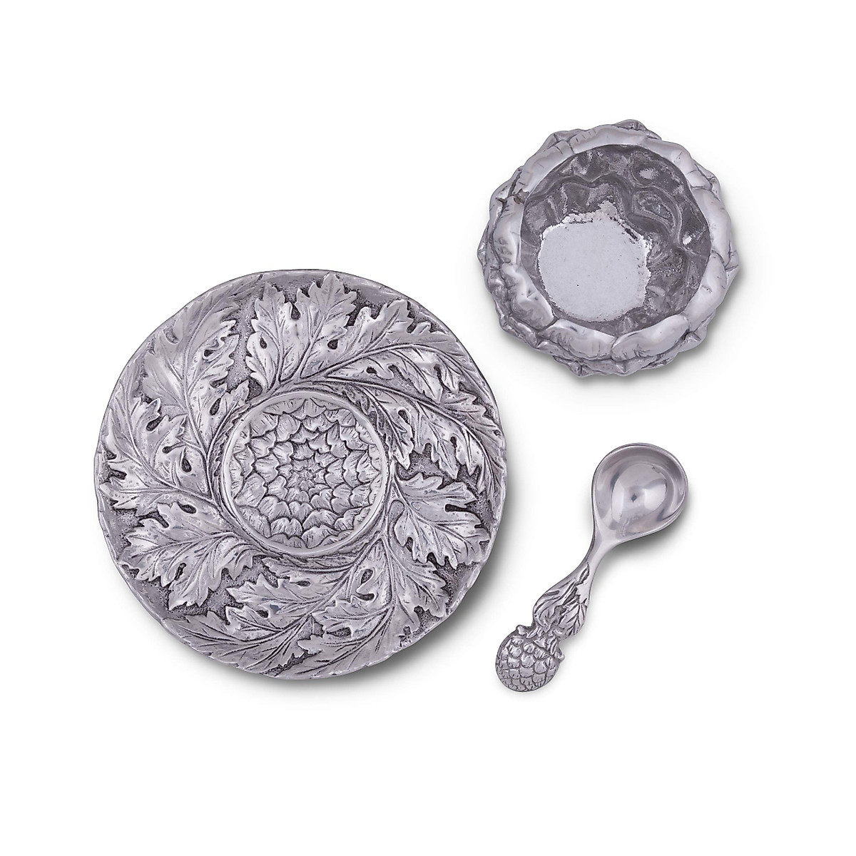 Arthur Court Aluminum Artichoke Condiment Set 3 piece Bowl, Tray, Spoon 7 inch Diameter Tray