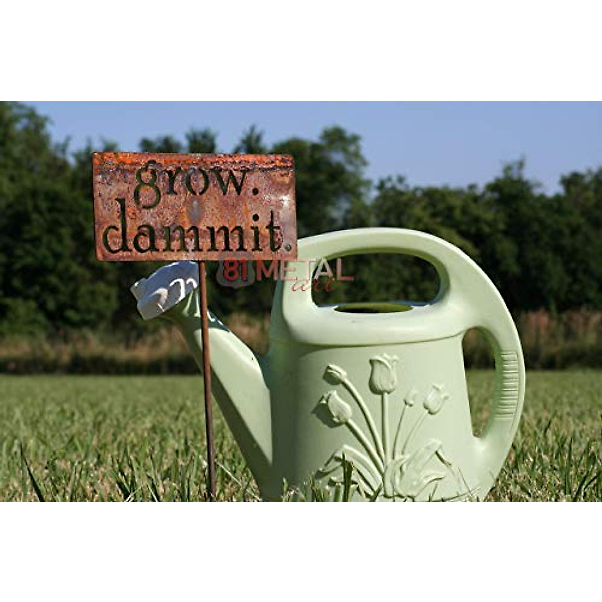 Grow. Dammit. Metal Garden Stake 20 to 28 Inches Tall (Small 20", Naturally Rusted)