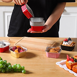 Skylety 100 Pcs 5 oz Mini Square Baking Pans with Lids Aluminum Foil Cupcake Pans Brownie Baking Cups Disposable Ramekins Individual Tin Dessert Containers for Kitchen Birthday (Multicolor)