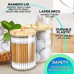 Clear Plastic Apothecary Jars with Lids - Premium Acrylic Qtip Holder Bathroom Set (6 Pack) - 10 Oz Bathroom Canisters for Cotton Ball, Cotton Swab and Cotton Round Pads - Compact Qtip Dispenser